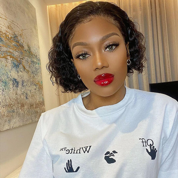 Slick Back Short Cut Curly Glueless Compact 13X4 Frontal Lace Wig ...